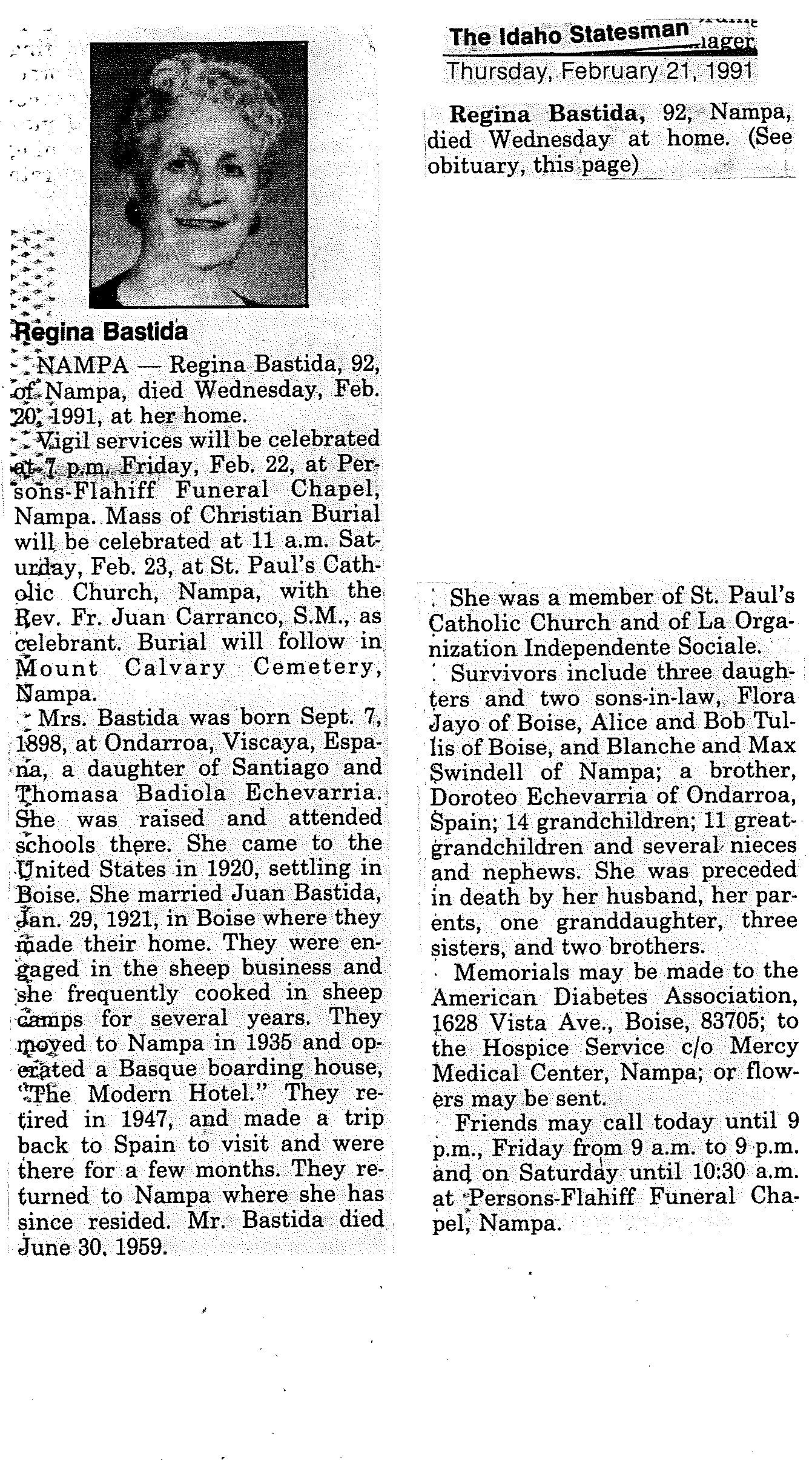 Regina (Echevarria) Bastida - The Basque Museum & Cultural Center ...