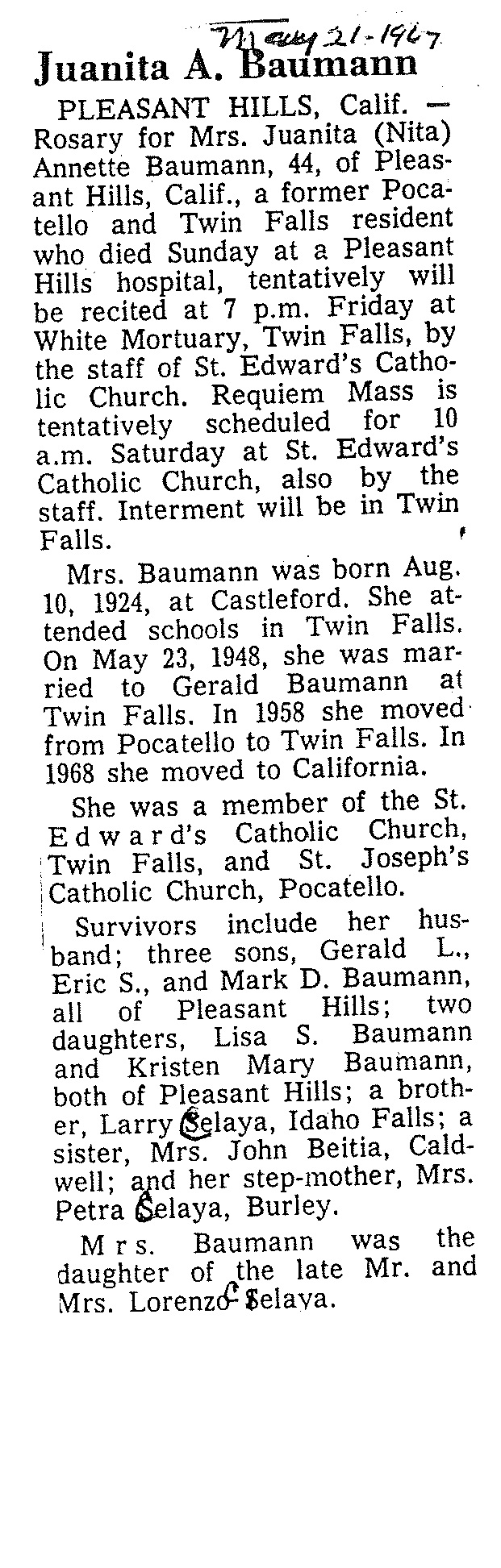 Juanita "Nita" Annette (Celaya) Baumann - The Basque Museum & Cultural Center | Boise, ID