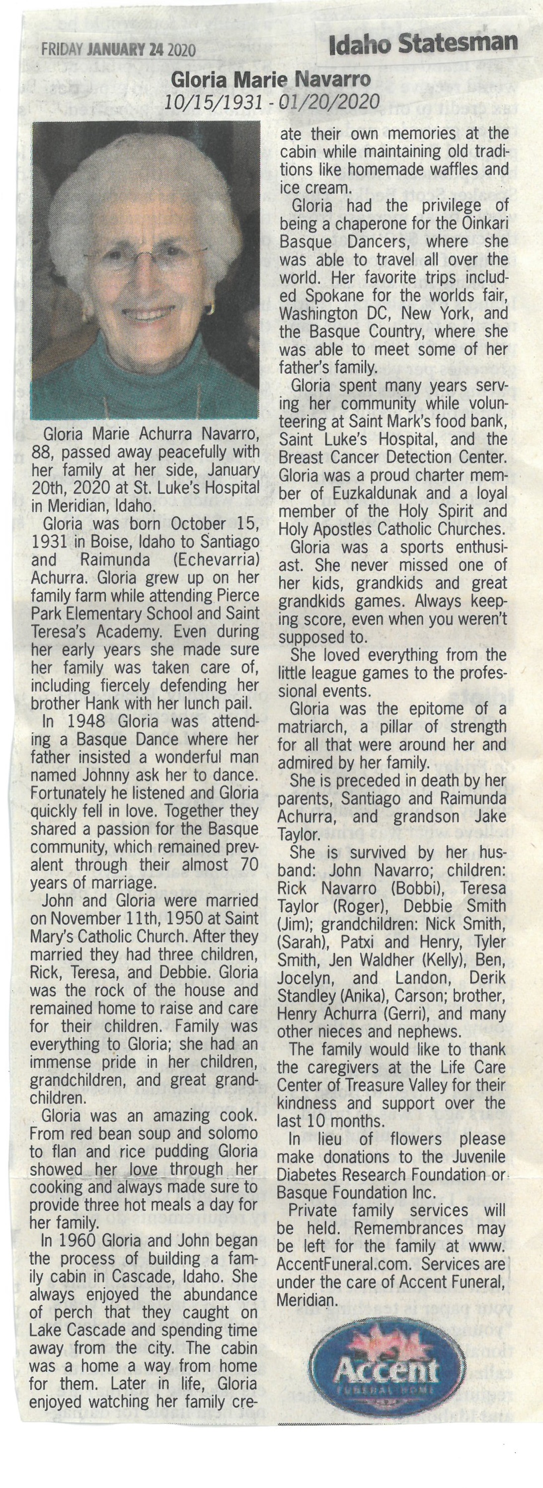 Gloria Marie (Achurra) Navarro - The Basque Museum & Cultural Center ...