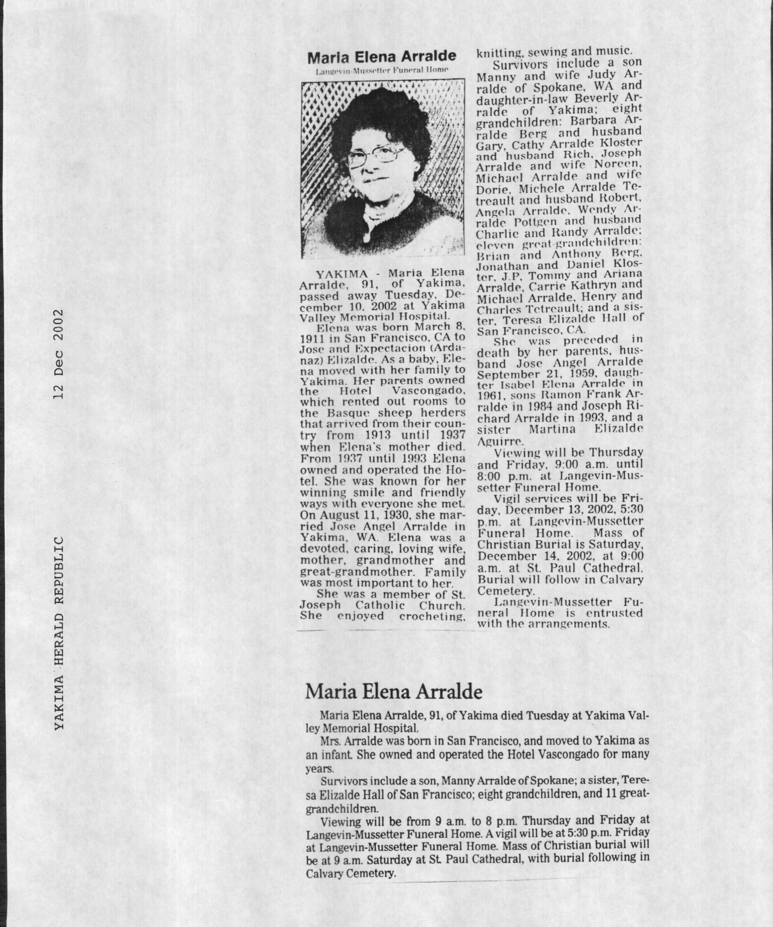 Maria Elena (Elizalde) Arralde - The Basque Museum & Cultural Center ...