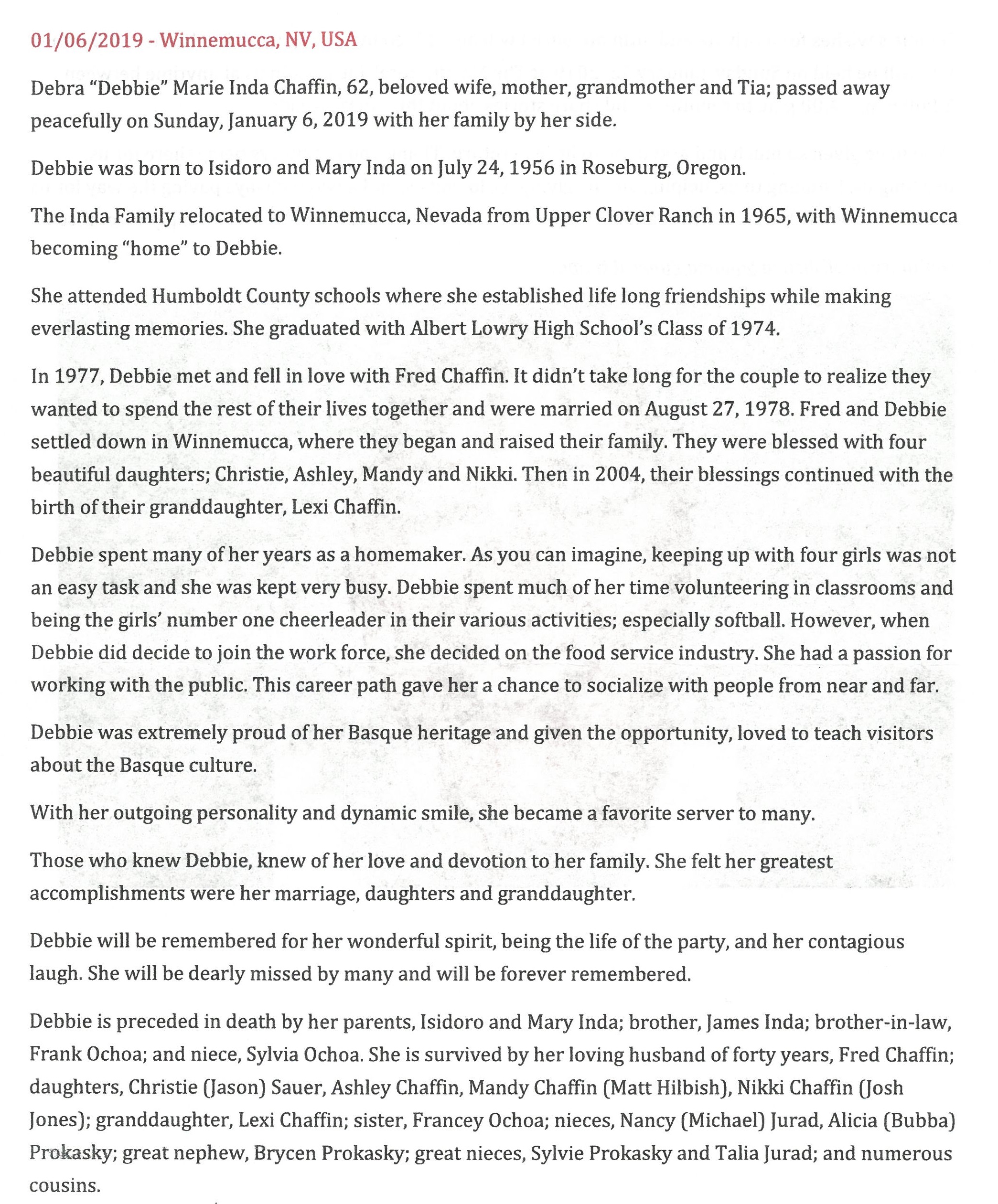 Debra "Debbie" Marie (Inda) Chaffin - The Basque Museum & Cultural ...