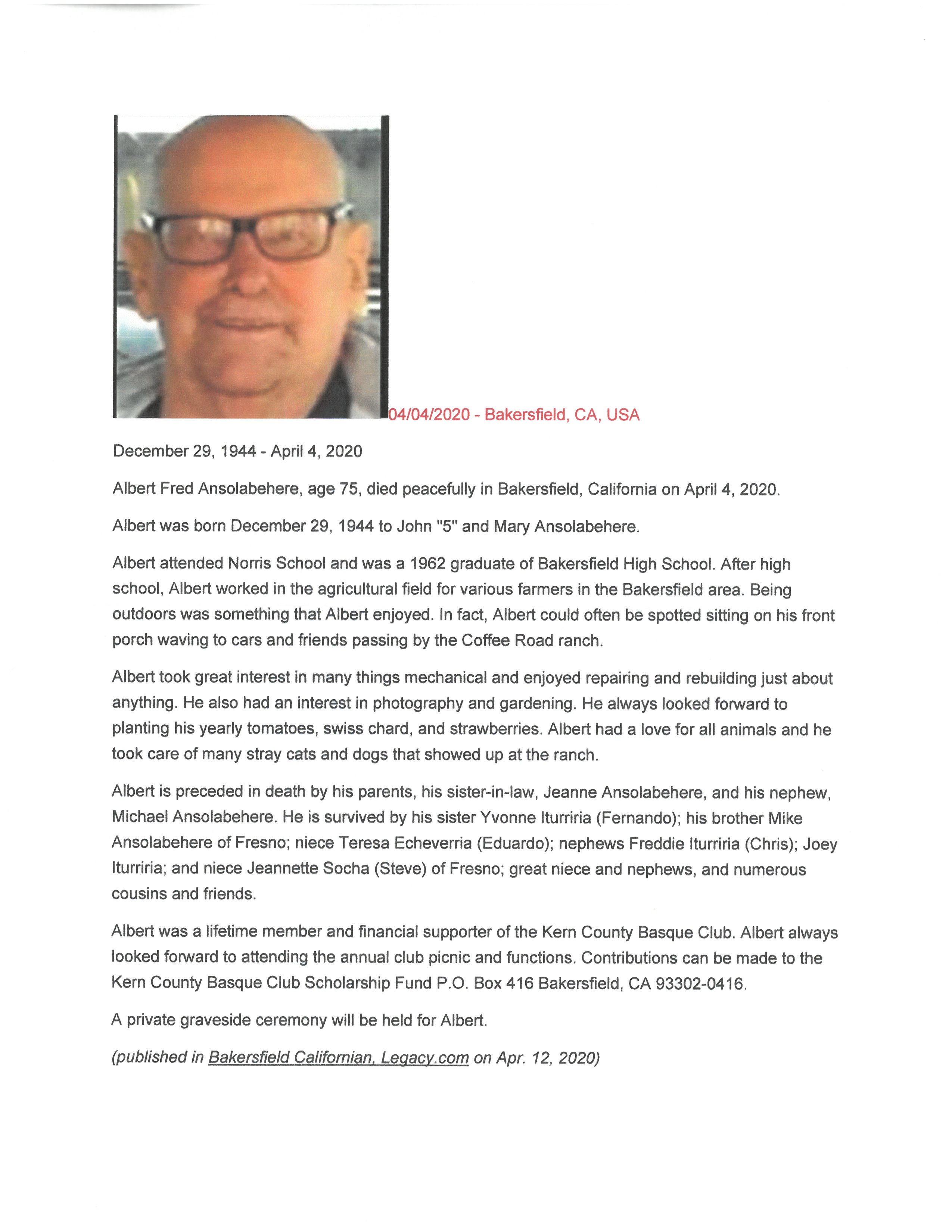 Albert Fred Ansolabehere - The Basque Museum & Cultural Center | Boise, ID