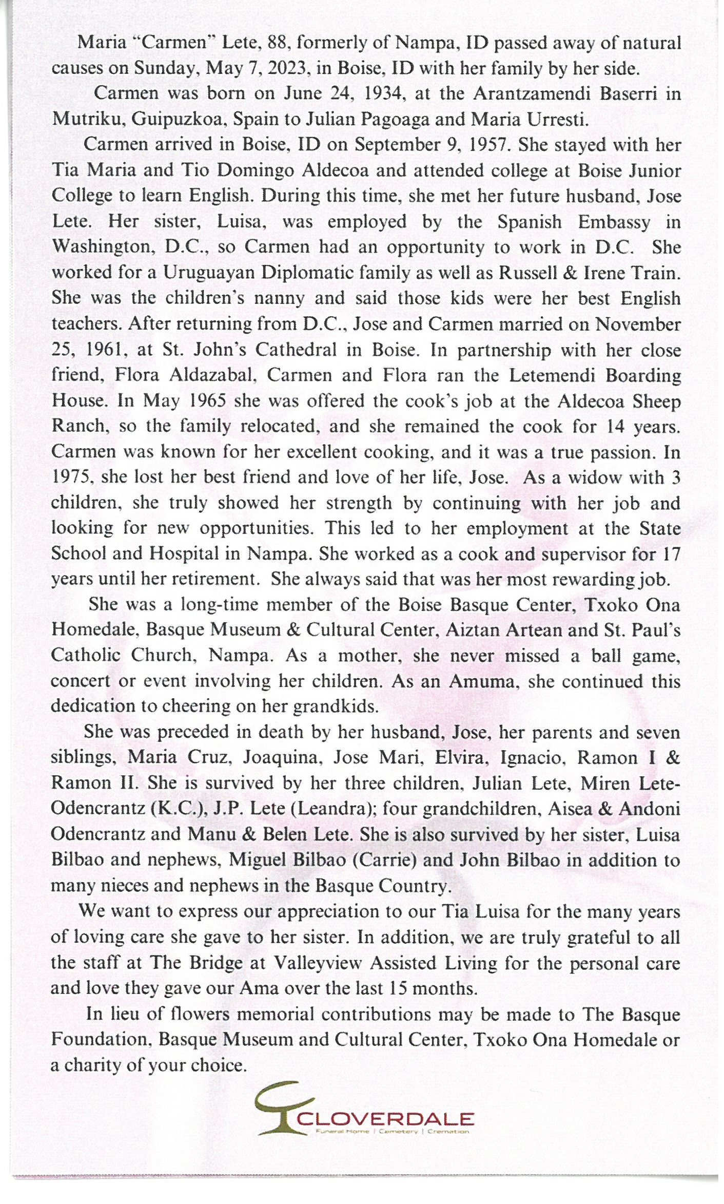 Maria Carmen (Pagoaga) Lete - The Basque Museum & Cultural Center ...