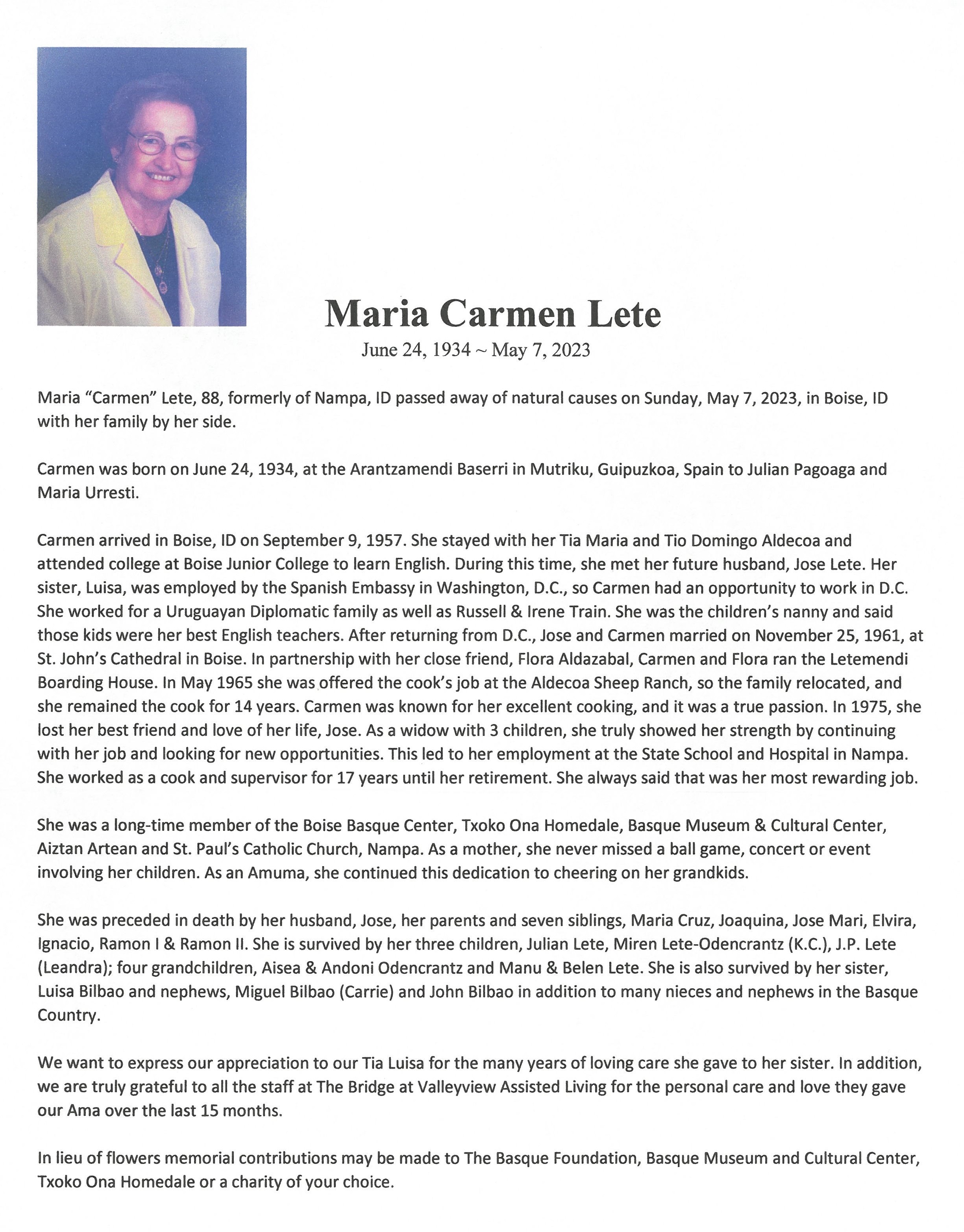 Maria Carmen (Pagoaga) Lete - The Basque Museum & Cultural Center ...
