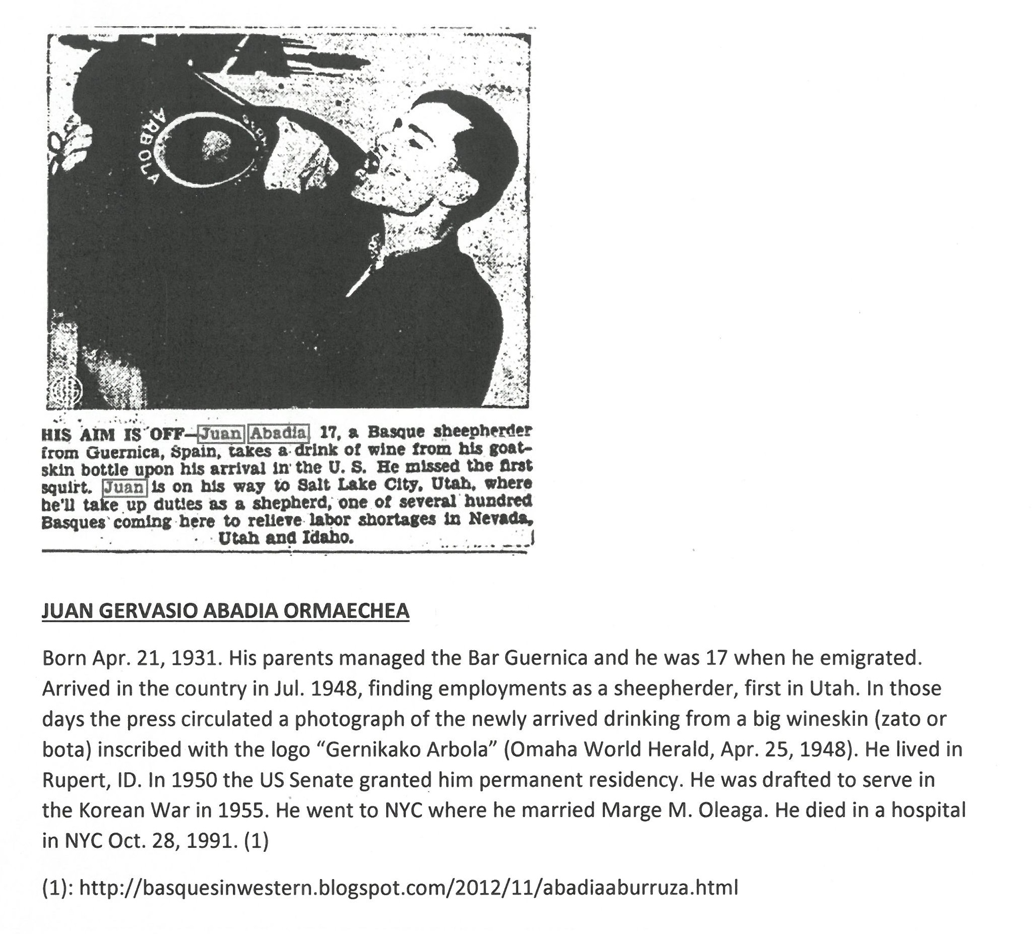 Juan Gervasio Ormaechea - The Basque Museum & Cultural Center | Boise, ID