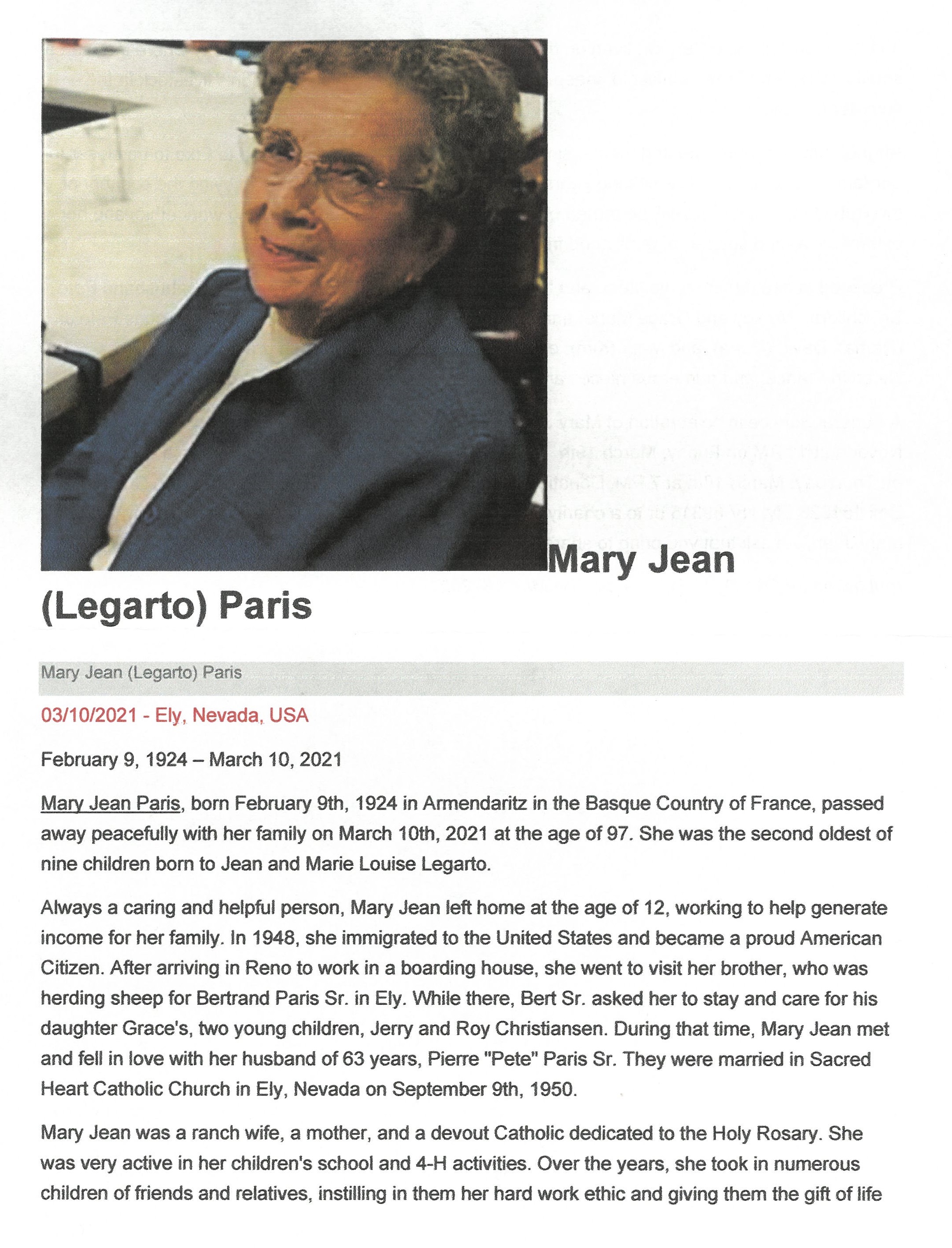 Mary Jean (Legarto) Paris - The Basque Museum & Cultural Center | Boise, ID