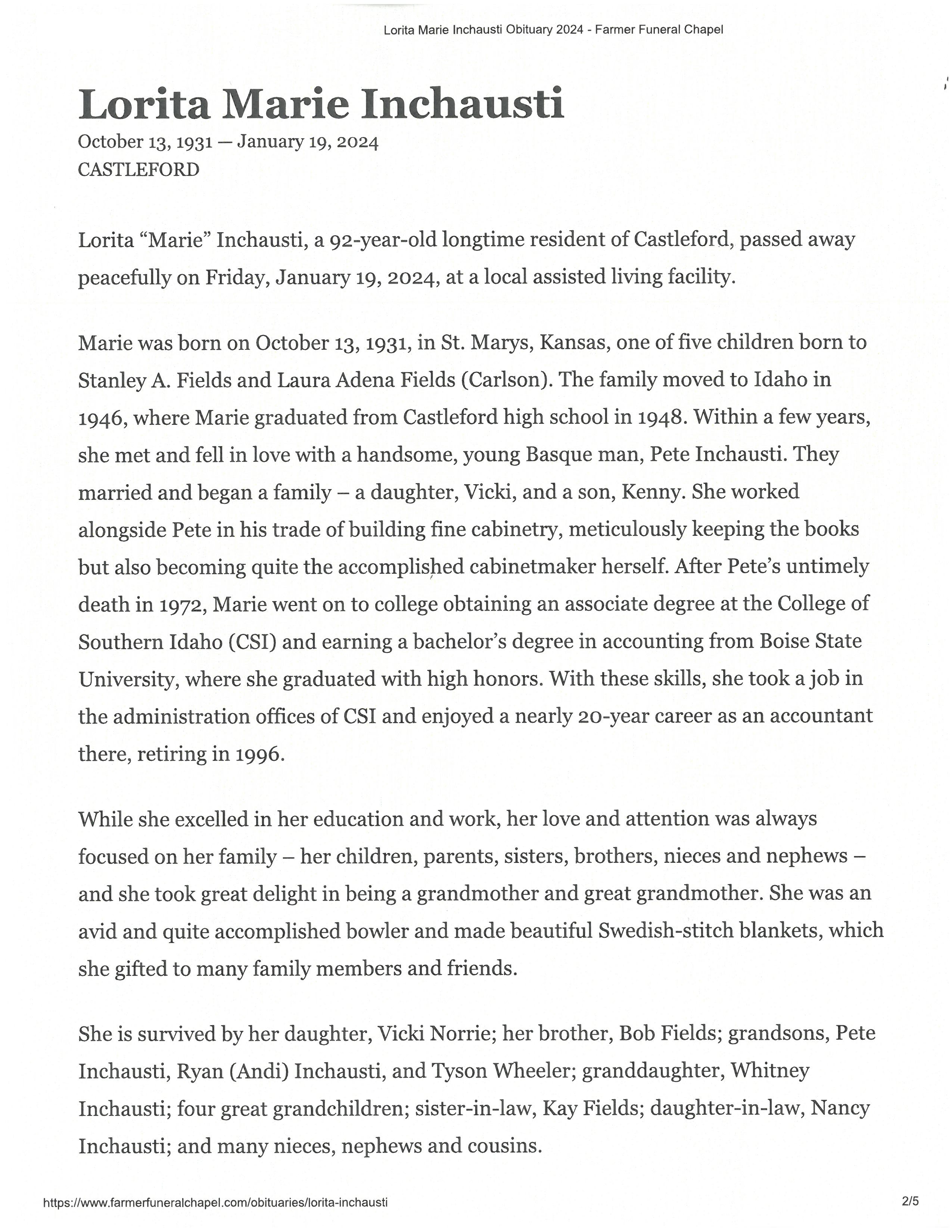 Lorita "Marie" (Fields) Inchausti - The Basque Museum & Cultural Center ...