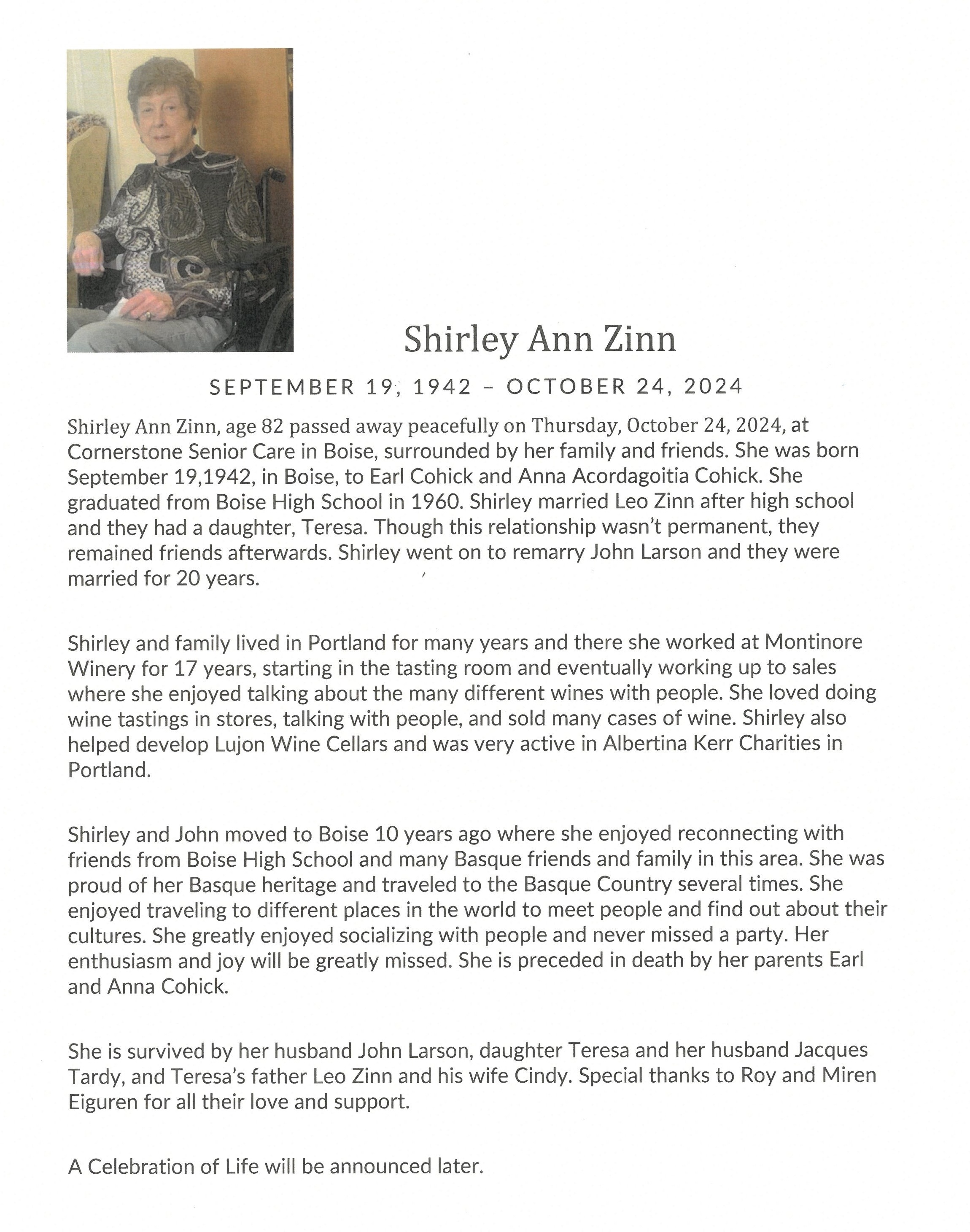 Shirley Ann (Cohick) Zinn Larson - The Basque Museum & Cultural Center | Boise, ID