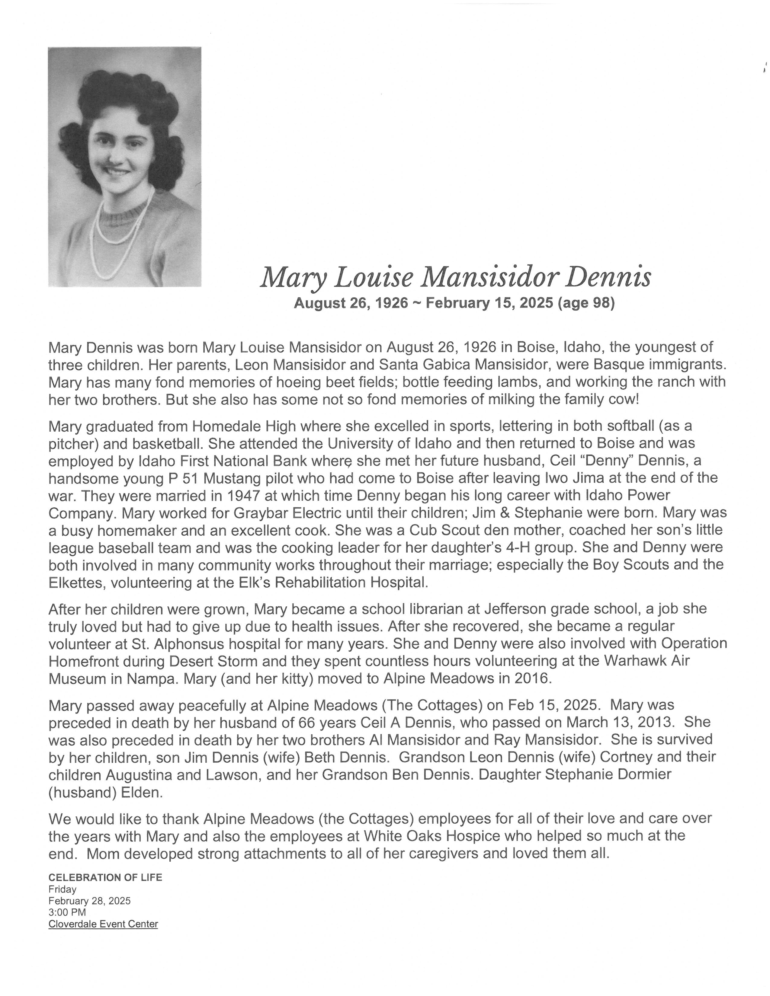 Mary Louise (Mansisidor) Dennis - The Basque Museum & Cultural Center ...